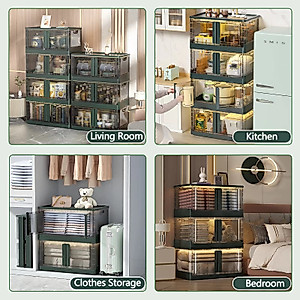 Sineda 19 Gallon Collapsible Storage Bins with Lids, stackable storage bins with Doors and Wheels, plastic storage cabinet for easy storage and organization, Green - 4 Pack