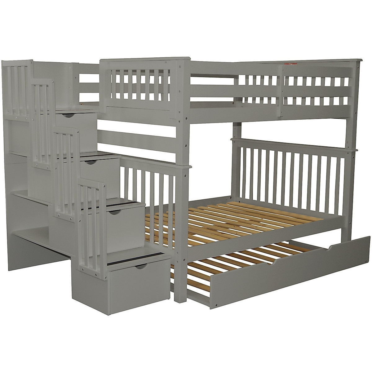 Bedz King Stairway Bunk Beds Full over Full with 4 Drawers in the Steps and a Twin Trundle, Gray