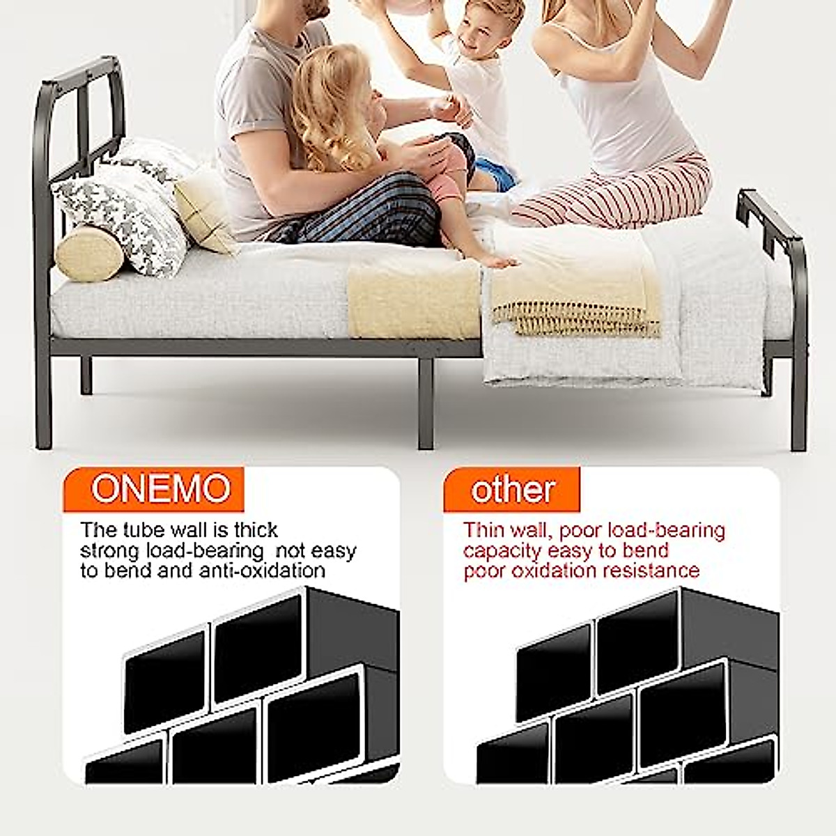 ONEMO 14 Inch California King Bed Frame with Headboard and Footboard Metal Platform Bed Frames Heavy Duty Mattress Foundation Quiet and Anti-Slip No Box Spring Needed Black