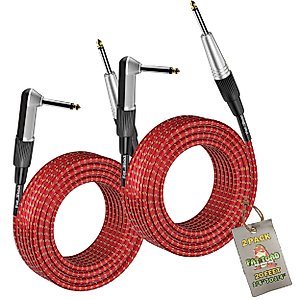 Fat Toad Guitar Cables (2 Pack) Right Angle to Straight-End Instrument Cord Tweed Cloth Jacket Braided Woven 20 FT 1/4 Inch Gold Jack TS for Electric Guitar Pedal, Bass, Audio Speaker, Amplifier