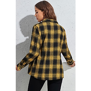 KevaMolly Plaid Long Sleeve Flannel Shirts for Women Loose Fit Boyfriend Button Down Shirt Casual Flannel Blouse Tops Black Yellow XL