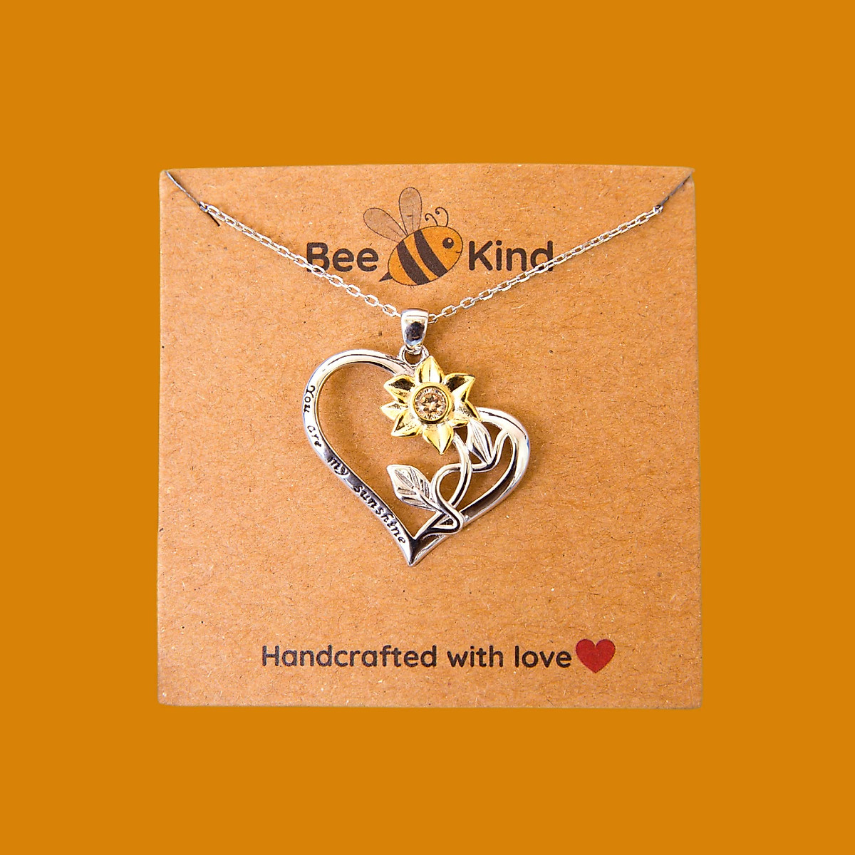 Bee Kind The Original You Are My Sunshine Sunflower Necklace Made With 18K Gold Plating, Cubic Zirconia Stones, and comes with Personalized Gift with Box for Women