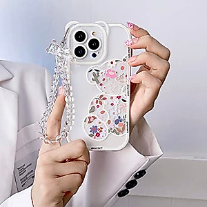 Shinymore for iPhone 13 Pro Max Case,Cute Flowers Bear Camera Protector Clear Case with Lovely Strap Bracelet Chain Girls Women Case for iPhone 13 Pro Max