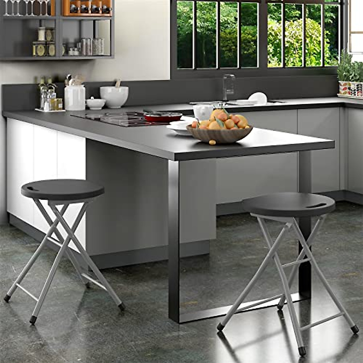 GYMAX Folding Stool, 28in Portable Collapsible Bar Stool with Handle & Steel Frame, 330lbs Sturdy Foldable Lightweight Round Metal Chair for Outdoor/Indoor Kitchen Home Pub Bar, Assembly Free (1)