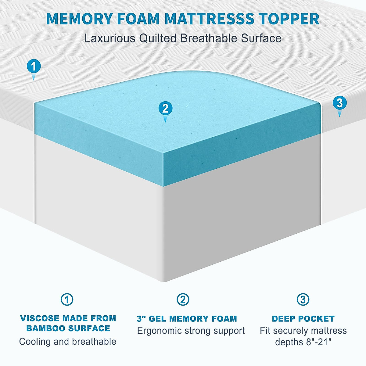 3 Inch Gel Memory Foam Mattress Topper Queen Size, High Density Memory Foam Mattress Pad Cover with 8-21" Deep Pocket for Pressure Relief, Pillow Top with Removable Viscose Made from Bamboo Cover
