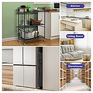 Tangkula 3-Tier Foldable Storage Shelves, Steel Storage Rack with 2 Handles, 4 Caster Wheels and Hook Buckle, Collapsible Utility Cart for Garage Kitchen, 3-Shelf Metal Shelving Units (1, Black)