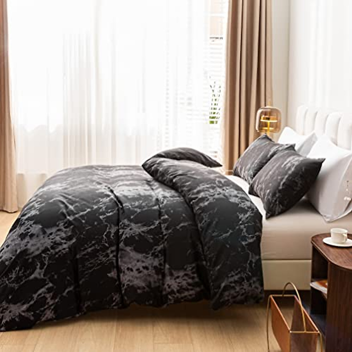 Smoofy Twin Marble Black Comforter Set, Black Marble Pattern Printed Bed Set, Soft Fabric with Brushed Microfiber Full Bed Sheets Fill Bedding Comforter Sets(1 Comforter, ONLY 1 Pillowcase)
