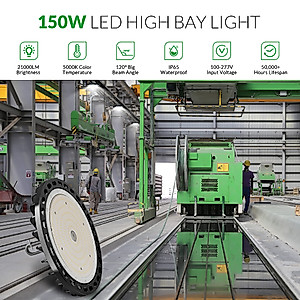 Flakeeper LED High Bay Light 150W 2PCS, 22500 LM with US Plug 5ft Cable (150LM/W), 5000K Daylight, Waterproof, UFO Commercial Industrial Warehouse Workshop Factory Barn Garage Area Lighting Fixture