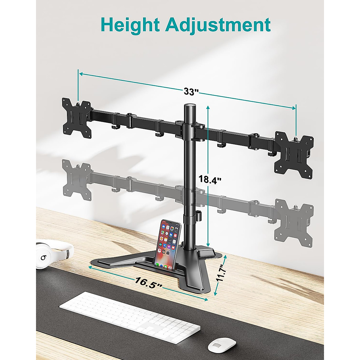 MOUNT PRO Dual Monitor Stand - Free Standing Full Motion Monitor Desk Mount Fits 2 Screens up to 27 inches,17.6lbs with Height Adjustable, Swivel, Tilt, Rotation, VESA 75x75 100x100