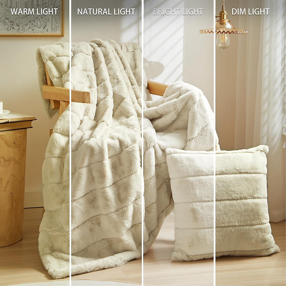 Geniospin Ultra Soft Throw Blanket for Couch, Bed, Sofa - 450 GSM Faux Fur Reversible Blankets with Strip, Fluffy Plush Fuzzy Throws, Warm, Luxury and Cozy Blanket (Ivory, 50x60 inches)