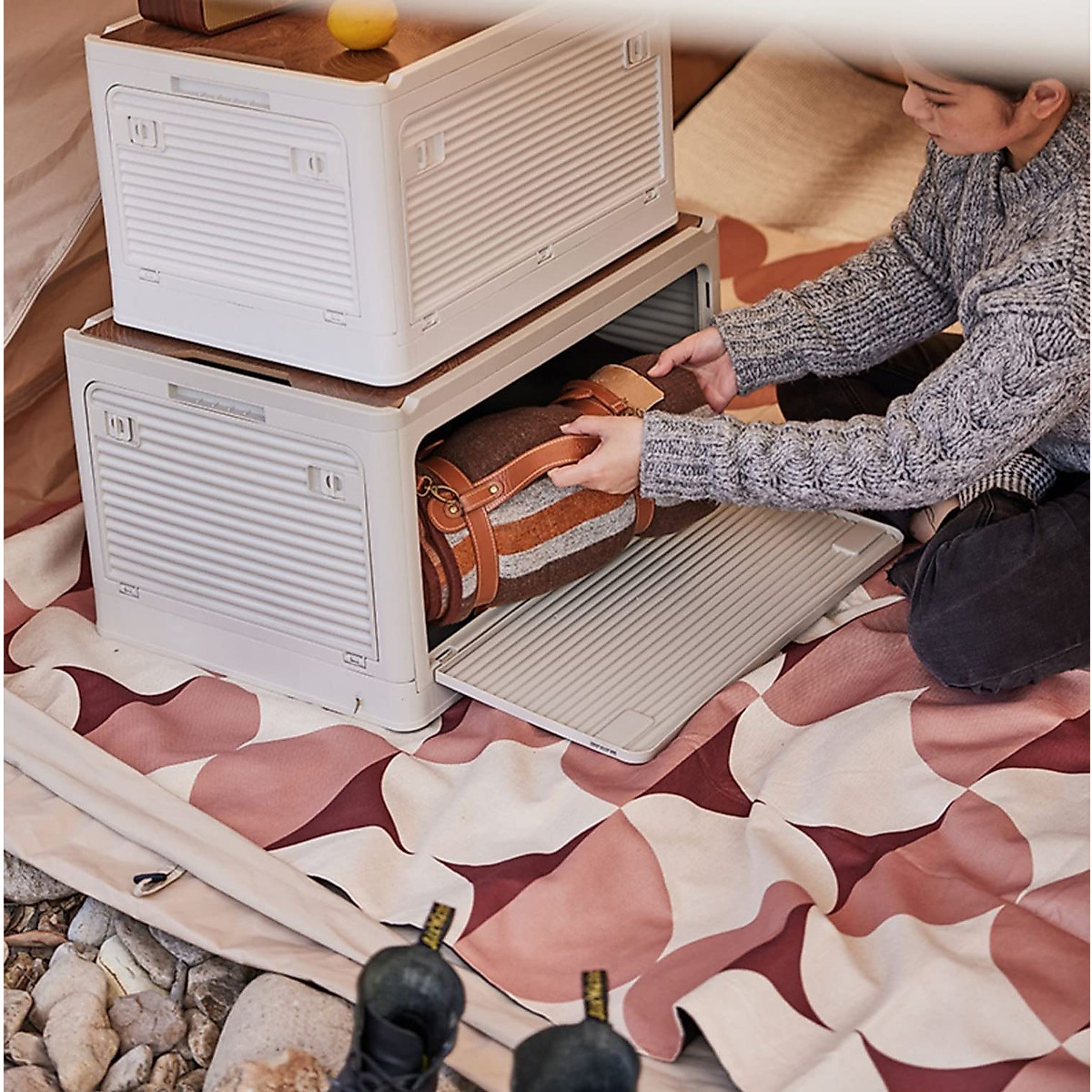 Radefasun Foldable Storage Bins with Wood Lids Plastic Collapsible Storage Box with Cutting Board Portable Stackable Grocery Container Folding Latching Storage Crate with Removable Pulley (S, Khaki)