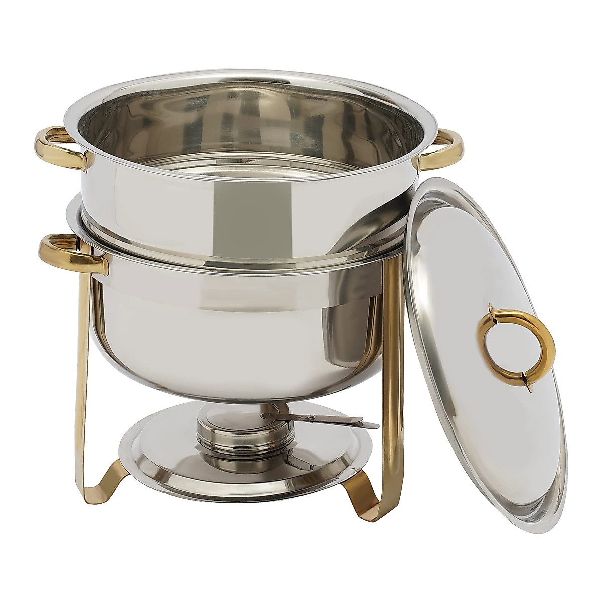 Choice 14.2 Qt Deluxe Round Gold Accent Soup Chafer - High-Capacity Stainless Steel Chafing Dish with Fuel Paste Container, Detachable Lid and Pot, U-Shaped Handles, Perfect for Buffets