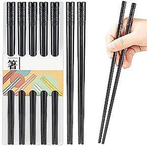5 Pairs Reusable Chopsticks Dishwasher Safe,9.5 Inch Fiberglass Chopsticks Set, Japanese Chinese Korean Chopsticks for Food, Non-Slip, Easy to Use (Black Chopsticks) (D)