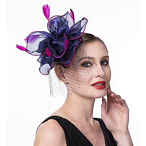 Fascinators Hat for Women Tea Party Headband Girls Flapper Headpiece Kentucky Church Derby Wedding (FM02-Navy and Rose)