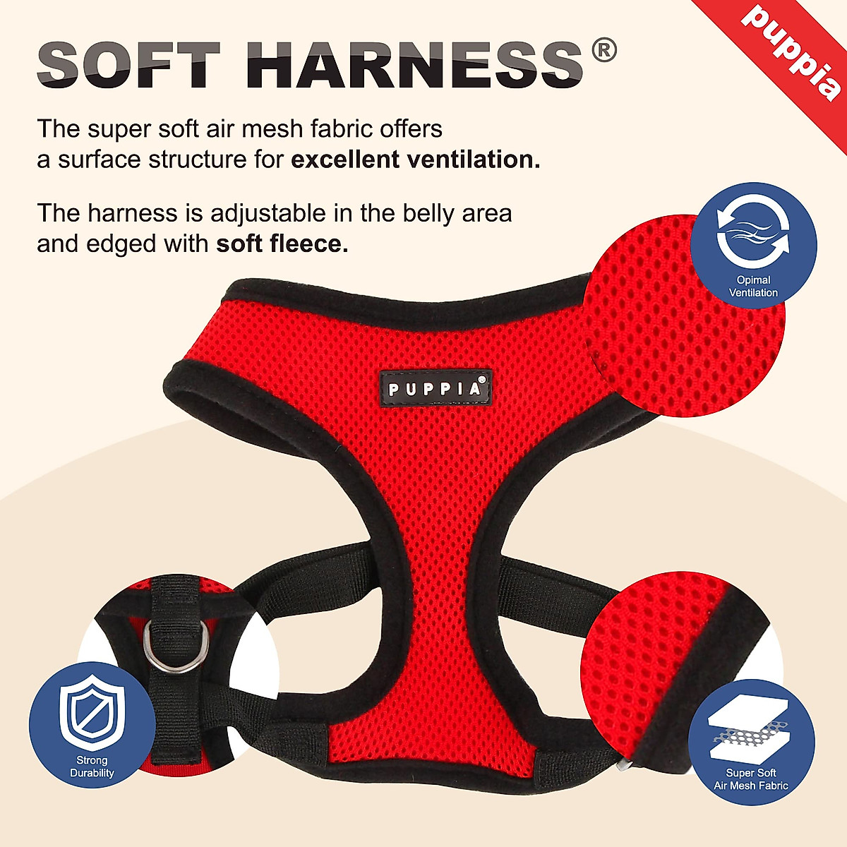 Authentic Puppia Soft Dog Harness, Red - Medium