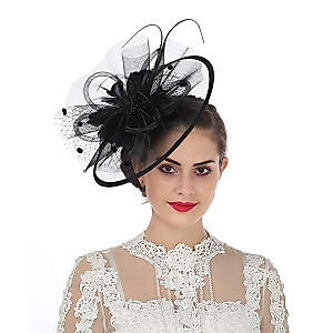 Lucky Leaf Women Girl Fascinators with Hair Clip Hairpin Hat Bowknot Feather Flower Veil Cocktail Wedding Tea Party Hat (8-Black)