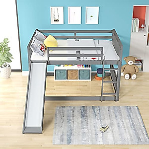 HomSof Solid Wood Full Over Full bunkbed with Slide，Full-Length Safety Guardrails,No Box Spring Needed,Grey