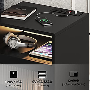 Saudism Black Nightstand with Charging Station, End Table with Glass Drawers, Night Stand with LED Lights, Wood Bedside Tables for Bedroom, 15.7”×13.7”×23.8”
