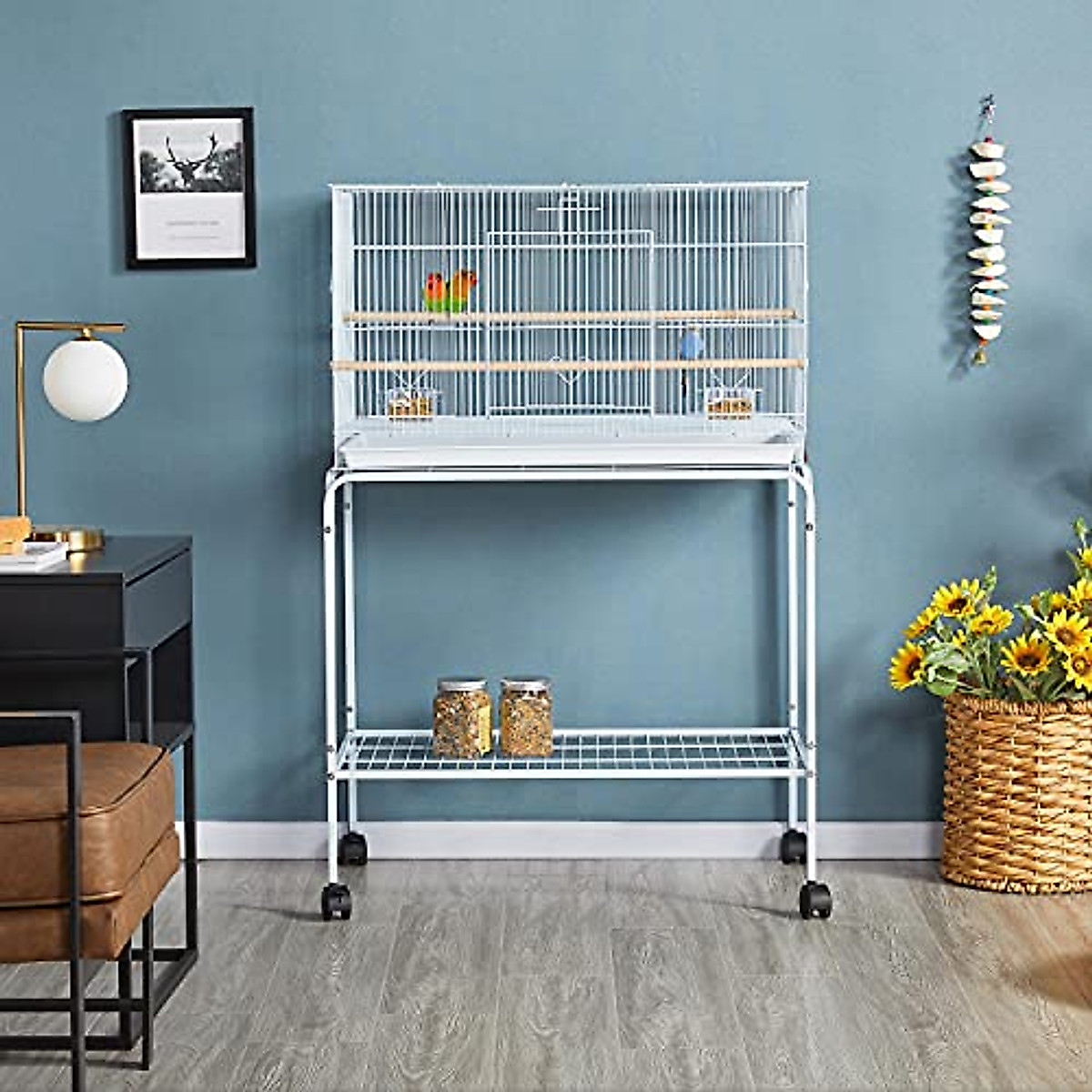 Topeakmart Flight Breeding Bird Cage for Parrots Lovebirds Parakeets with Detachable Rolling Stand, White