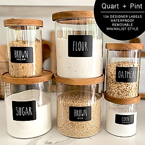 QUART + PINT 134 Kitchen Pantry Labels for Containers. Preprinted Retro Handwritten Style. Black Matte Sticker White Text. Waterproof Stickers. Organization Labels for Jars Canisters & Storage Bins.