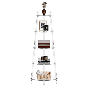 CRTERICX Acrylic Corner Bookshelf, 61" H, 5-Tier Clear Ladder Bookcase for Small Spaces, Multipurpose Corner Shelf for Living Room, Bathroom, Office