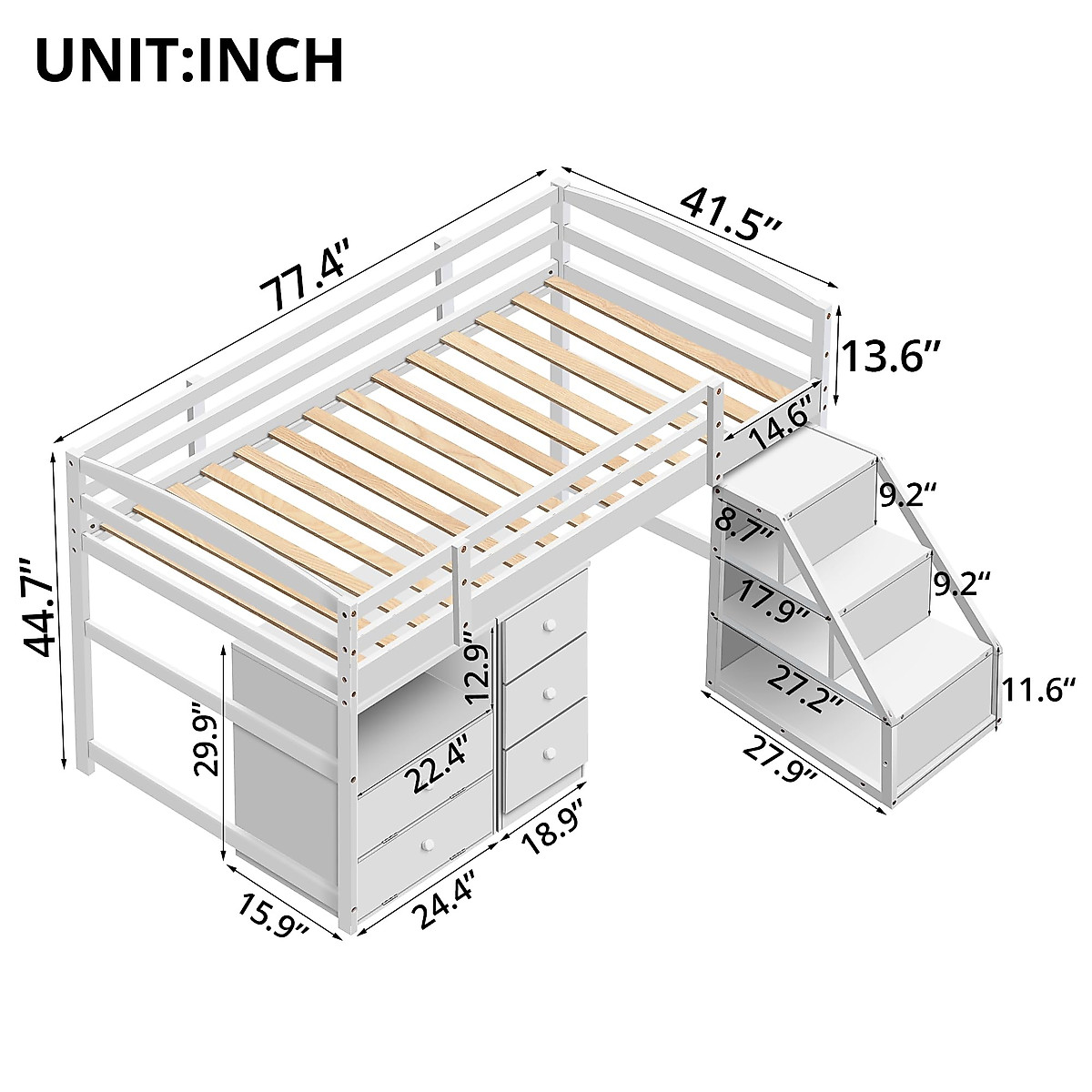 TURRIDU Low Loft Bed with Pullable Storage Staircase and 2 Cabinet, Wooden Stairway Loft Bed with Drawers and Shelves, Twin Size Bed Frame for Girls, Boys, Teens, No Box Spring Needed