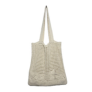 Women Aesthetics Hobo Bag Crochet Tote Bag Cottage Fairycore Shoulder Handbags Y2K Knitted Cute Beach Bag (Apricot)