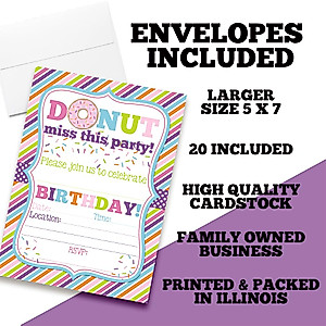 Colorful Donut with Sprinkles Birthday Party Invitations, 20 5x7 Fill In Cards with Twenty White Envelopes by AmandaCreation