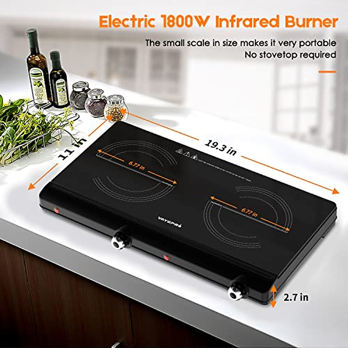 Electric Hot Plate for Cooking, Infrared Double Burner,1800W Portable Electric Stove,Heat-up In Seconds,Countertop Cooktop for Dorm Office Home Camp, Compatible with All Cookware