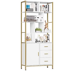 BOTLOG 71.2 Inch Tall Bookshelf, Bookcase with Door and 3 Drawers, Floor Standing Display Storage Shelves for Home Office, Living Room