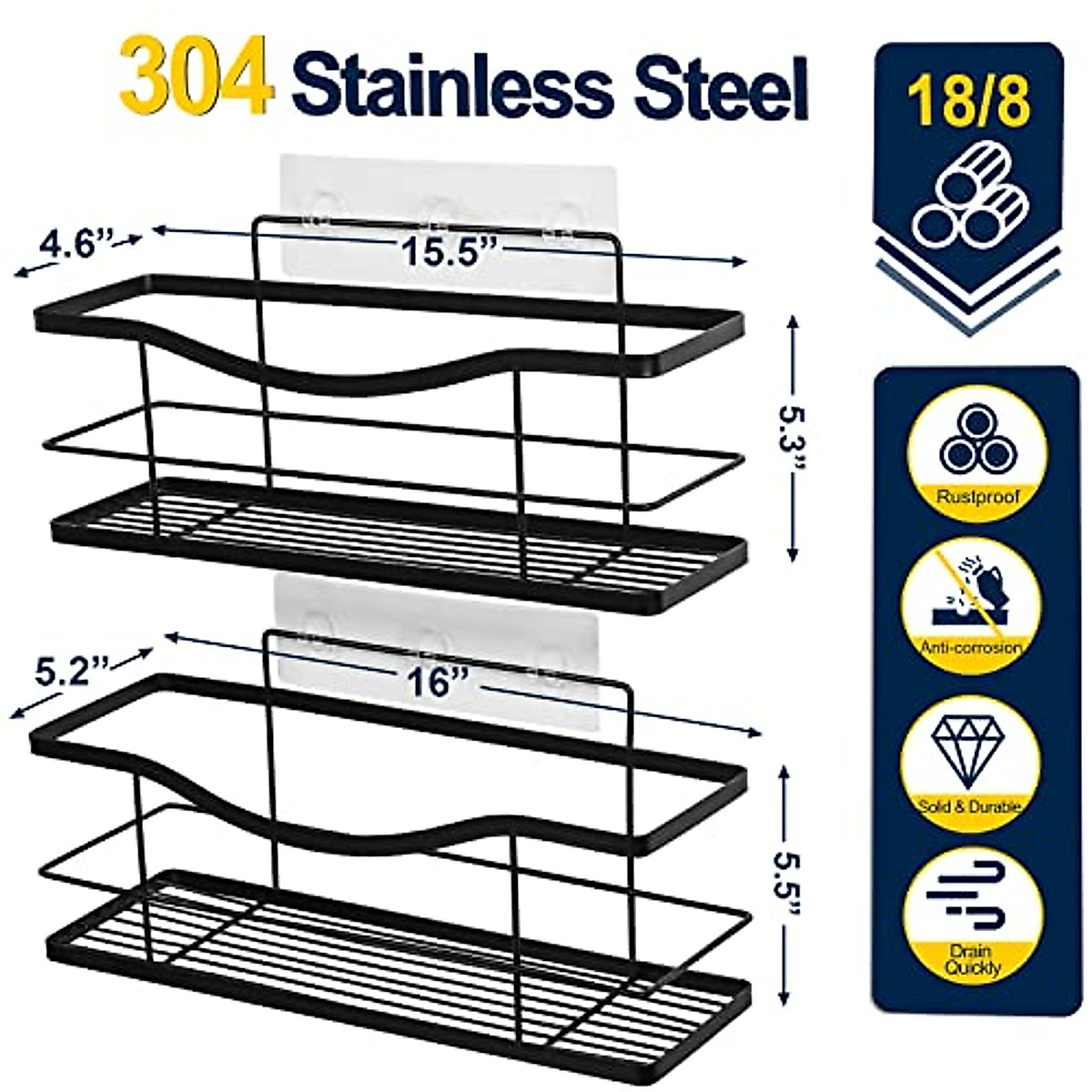 AOZITA 2 Pack, Large Adhesive Shower Caddy Shelves with 8 Hooks - Wall Hanging Bathroom Organizer Basket for Shower Room - Shower Racks for Inside Shower Storage - SUS304 Stainless Steel, Matte Black