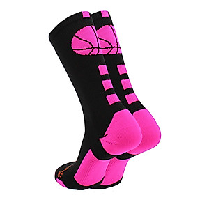 MadSportsStuff Basketball Socks with Basketball Logo Crew Socks (Black/Neon Pink, Small)