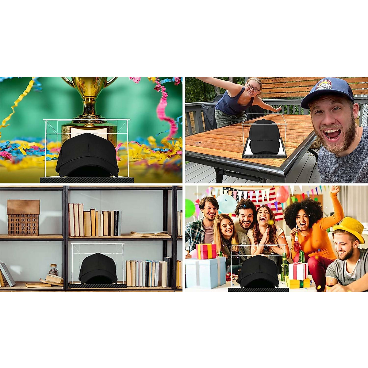 Clear Hat Display Case Acrylic Baseball Cap Holder Stand Transparent Hat Storage Box Dustproof Square UV Protection Cabinet with Carbon Fiber Skin Base and Removable Mirror Base