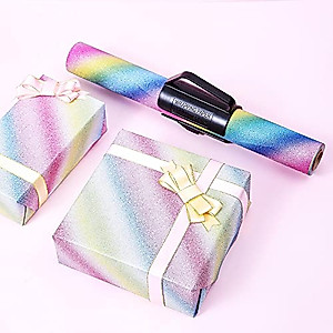 THMORT Glitter Gradient Rainbow Wrapping Paper Roll with a Cutter Kit for Girls&Boys,Babie Kids Adults,17 Inch X 33 Feet Gold Glitter Princess Pink Birthday Gift Wrapping Paper Roll for Baby Shower.