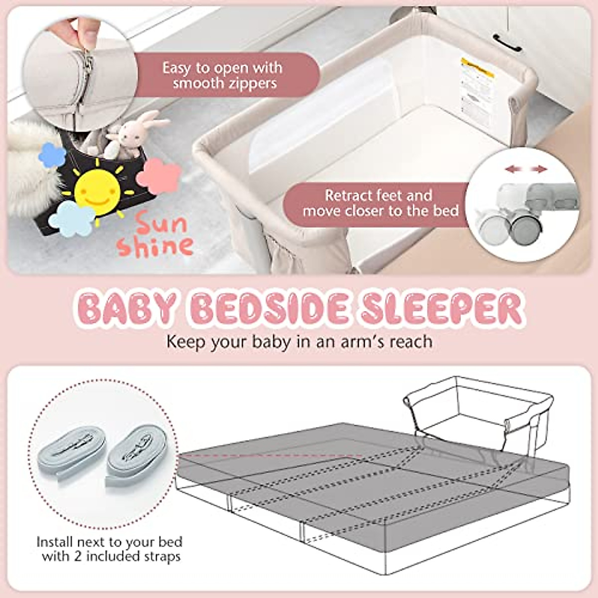 BABY JOY Bassinet Bedside Sleeper, 3 in 1 Folding Crib w/Adjustable Height, Mattress, Lockable Wheels, Storage Pocket & Carry Bag for Infant Newborn, Stationary & Rock, Portable Baby Bassinet (Beige)