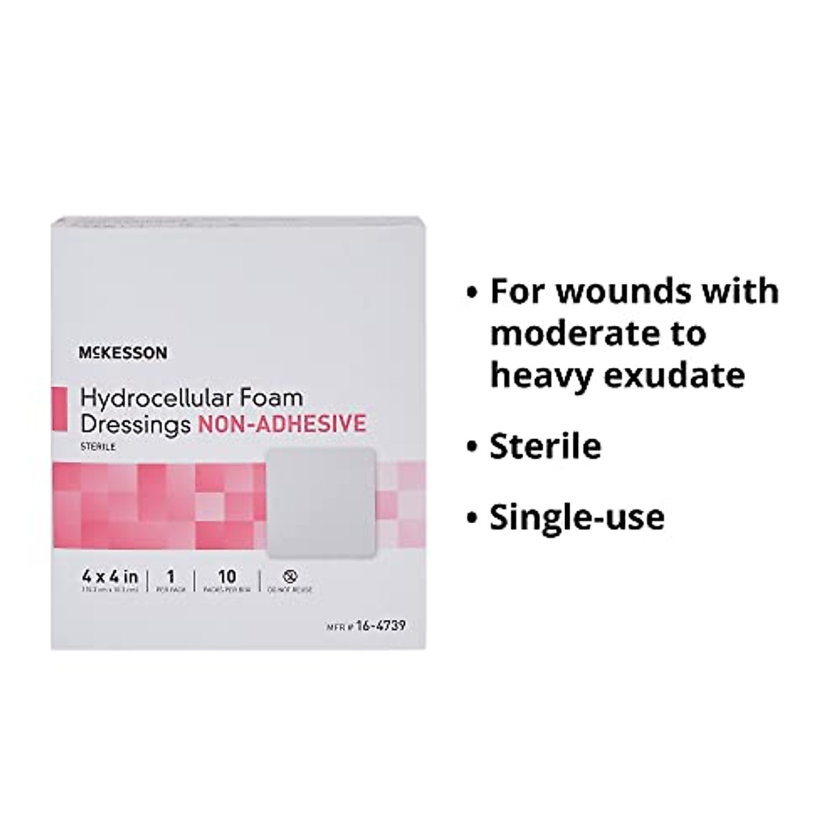 McKesson Hydrocellular Foam Dressings, Sterile, Non-Adhesive, Pad 4 in x 4 in, 10 Count, 10 Packs, 100 Total
