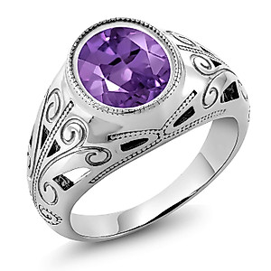 Gem Stone King 4.60 Cttw Amethyst Ring For Men In 925 Sterling Silver | Gemstone Birthstone | Oval 12X10MM | Available In Size 7,8,9,10,11,12,13