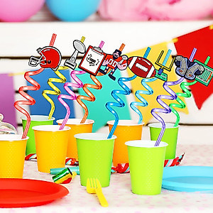 24Pcs Football Straws and 2Pcs Cleaning Brushes, Reusable Plastic Rugby Straws, Football Party Supplies Favors，Birthday Party Decorations。