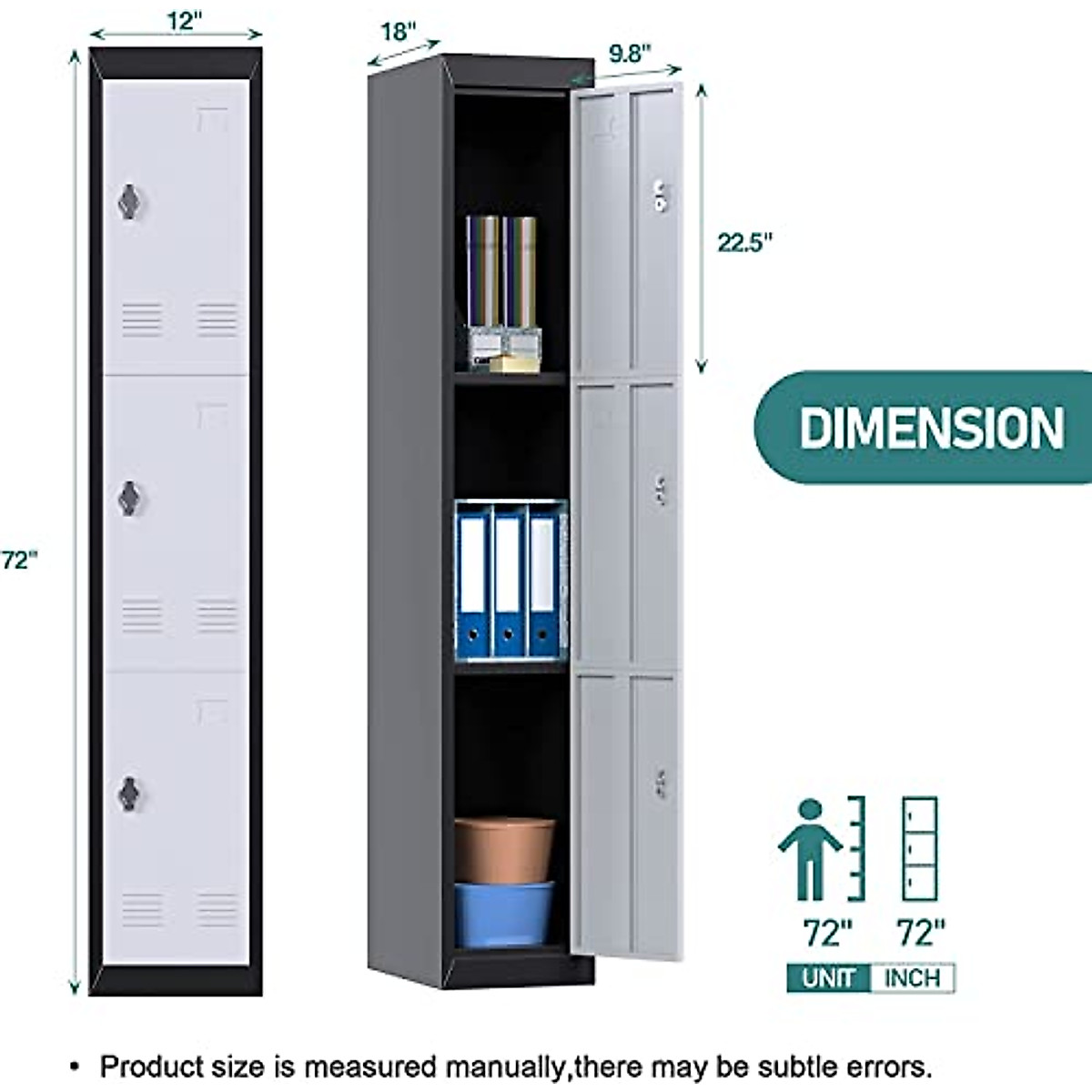 JAORD Metal Locker,3 Door Locker Storage Cabinet with Lock, 71" Steel Locker Organizer with Shelf for School,Home, Gym,Garage (3 Door Gray)