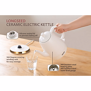 LONGSEED Ceramic Electric Kettle with Fine Mesh Infuser, 1.2L/1000W Boil Water Quickly and Easily with Boil-Dry Protection Auto Shut Off, Detachable Swivel Base, Glazed Relief Carving
