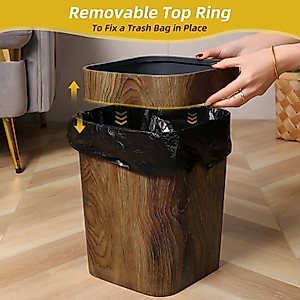 Wood Grain Plastic Trash Can Bedroom, Square 2-Pack, 3.7 Gal Farmhouse Wastebasket Bin Retro Style, Brown Trash Can for Room Aesthetic, Open Top Garbage Can for Office, Living Room, Hotel, Bathroom
