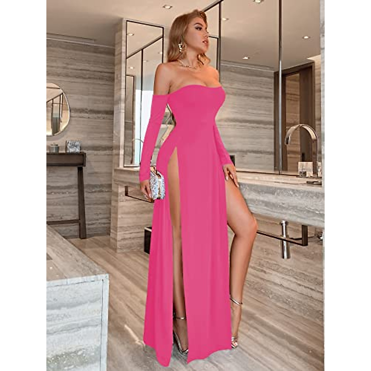 MakeMeChic Women's Off Shoulder Long Sleeve High Slit Long Maxi Cocktail Party Dress Hot Pink XL