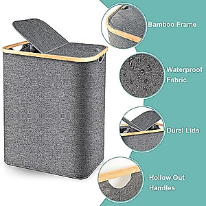 Double Laundry Hamper with Lid, Hampers for Laundry 2 Compartment Divided Laundry Hamper with 2 Removable Bags, Laundry Basket 2 Section Foldable Clothes Basket with Handles,130L