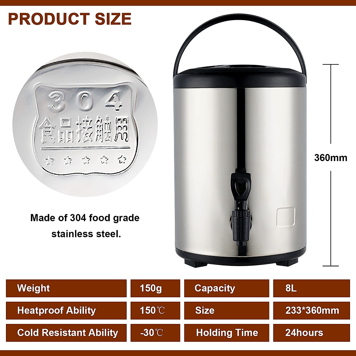 YMJOINMX Food Grade Stainless Steel Insulated Beverage Dispenser 8L 2.1Gallon Insulated Thermal Hot and Cold Beverage Dispenser for Hot Tea Coffee Cold Milk Water Juice (304 Stainless Steel)