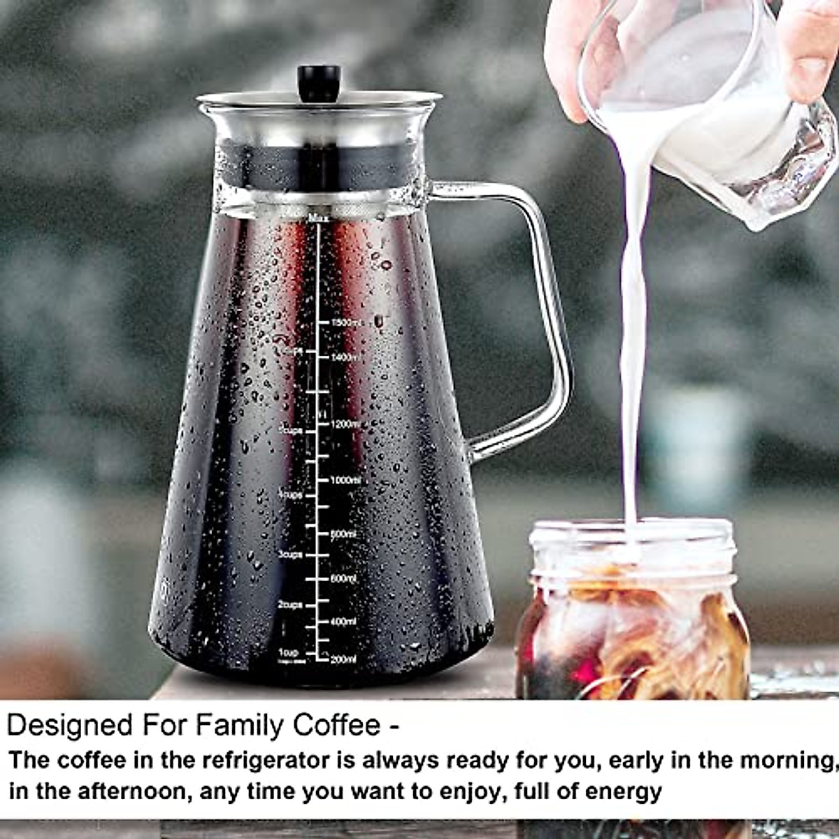 Aquach Airtight Cold Brew Coffee (Iced Tea) Maker 51oz/1.5L, BPA-Free, Durable Borosilicate Glass Pitcher and Stainless Steel Fine-Mesh Filter, Dishwasher Safe, Spill-proof, 6 Cups Capacity