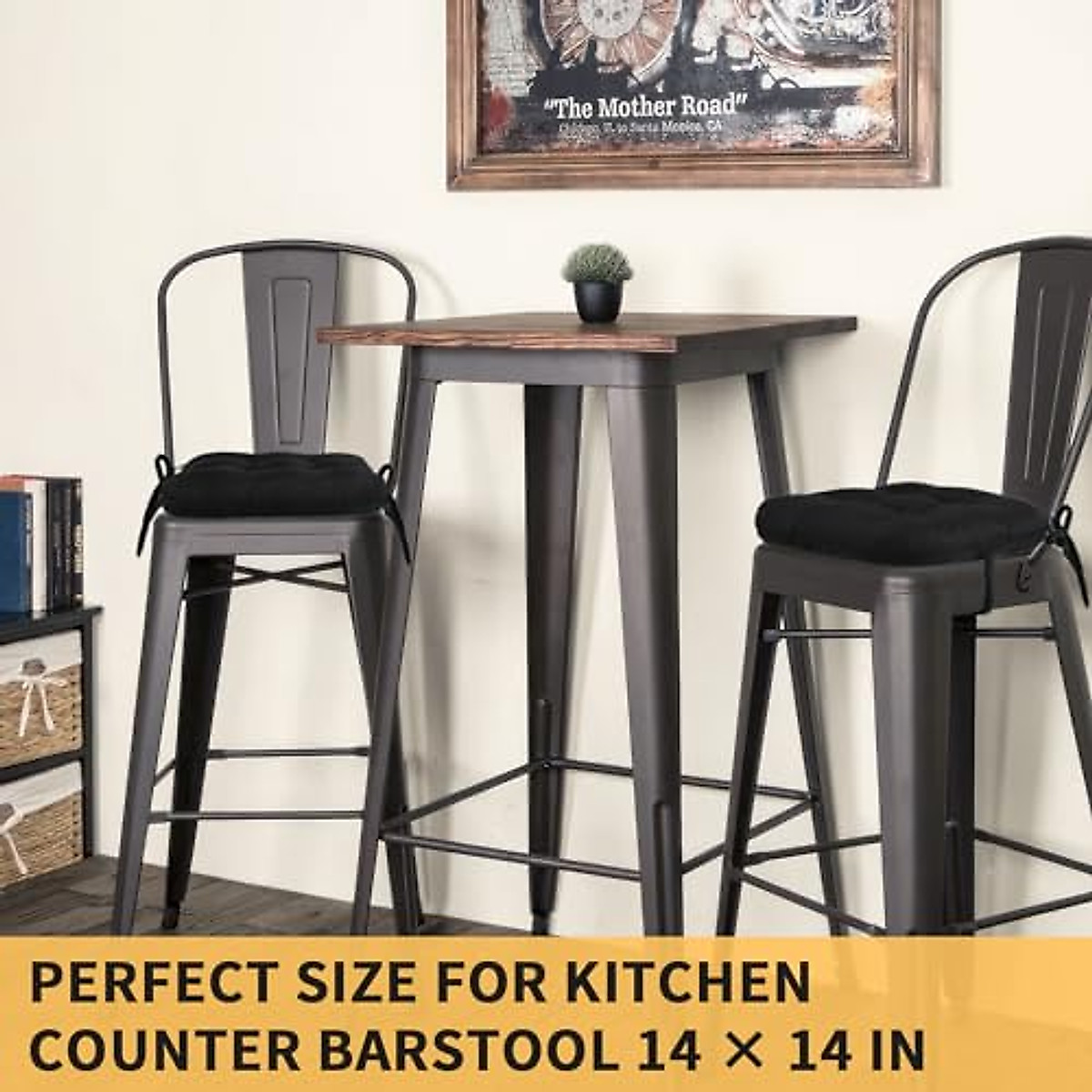 Detiblue Kitchen Counter Barstool Cushions Set of 2, 14"x14" Dinning Chair Cushions with Ties, Tufted Bar Stool Cushions for Indoor Dining Chair, Kitchen Stools, Barstools - Black