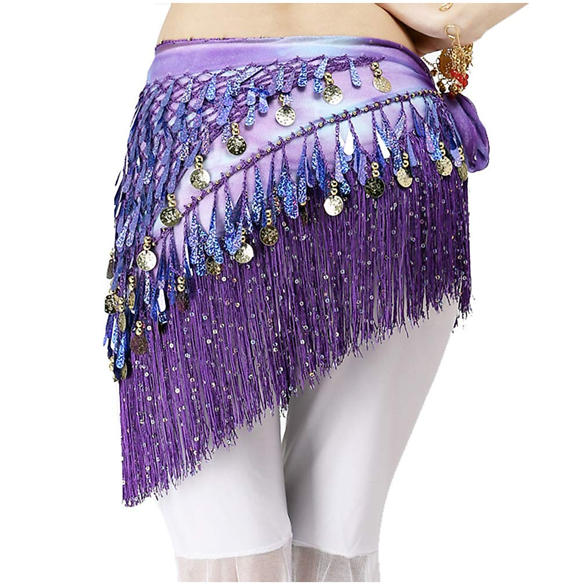 Lauthen.S Belly Dance Hip Scarf with Tassels Sequins, Triangle Coins Wrap Skirt Music Festival Clothing Purle