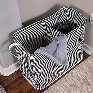 BIRDROCK HOME 112L Collapsible Double Laundry Hamper Basket - Grey & White Stripes Sorter Bin - Compact Dirty Clothes Organizer Bag - Divided Section