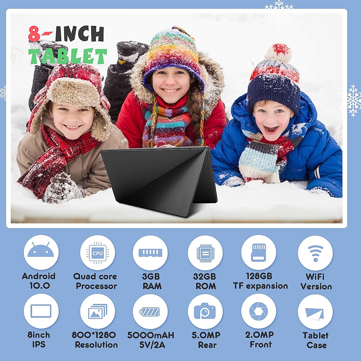 DUODUOGO Android 10.0 Tablets 3GB RAM 32GB ROM 128GB Extended, 4 Core 1.6Ghz CPU, Dual Camera, 8 Inch WiFi Tablet PC (Gray)