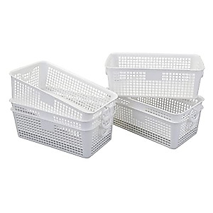 Sandmovie Rectangular Desktop Storage Basket, Plastic Storage Baskets, White, 6-Pack